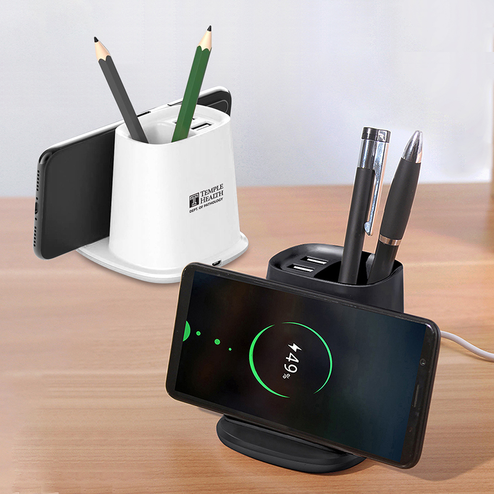 Wireless Charger Pen Holder with Dual USB Ports | e-CorporateGifts.com